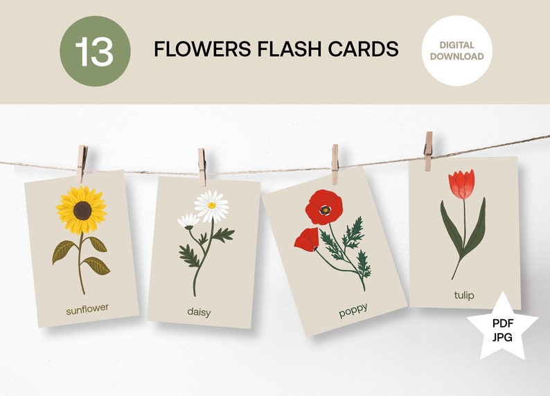 Flower Flash Cards Hand-illustrated, Montessori Digital Download ...