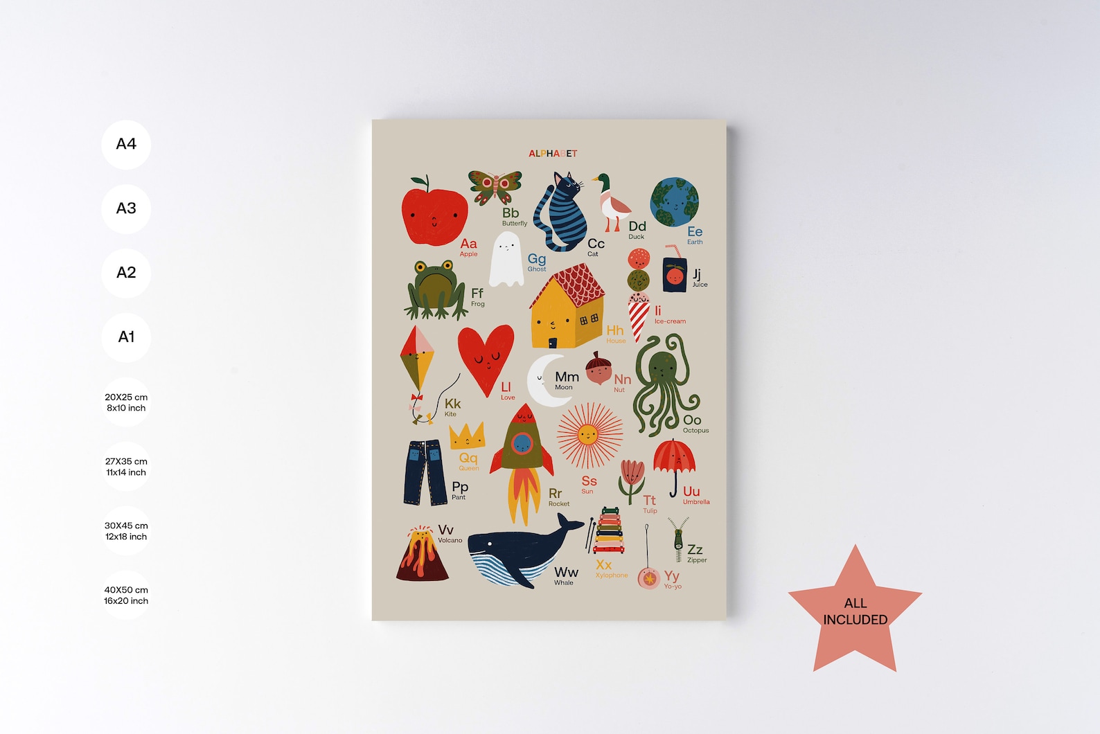 Hand-illustrated Educational Alphabet - Wall Art for Nurseries ...