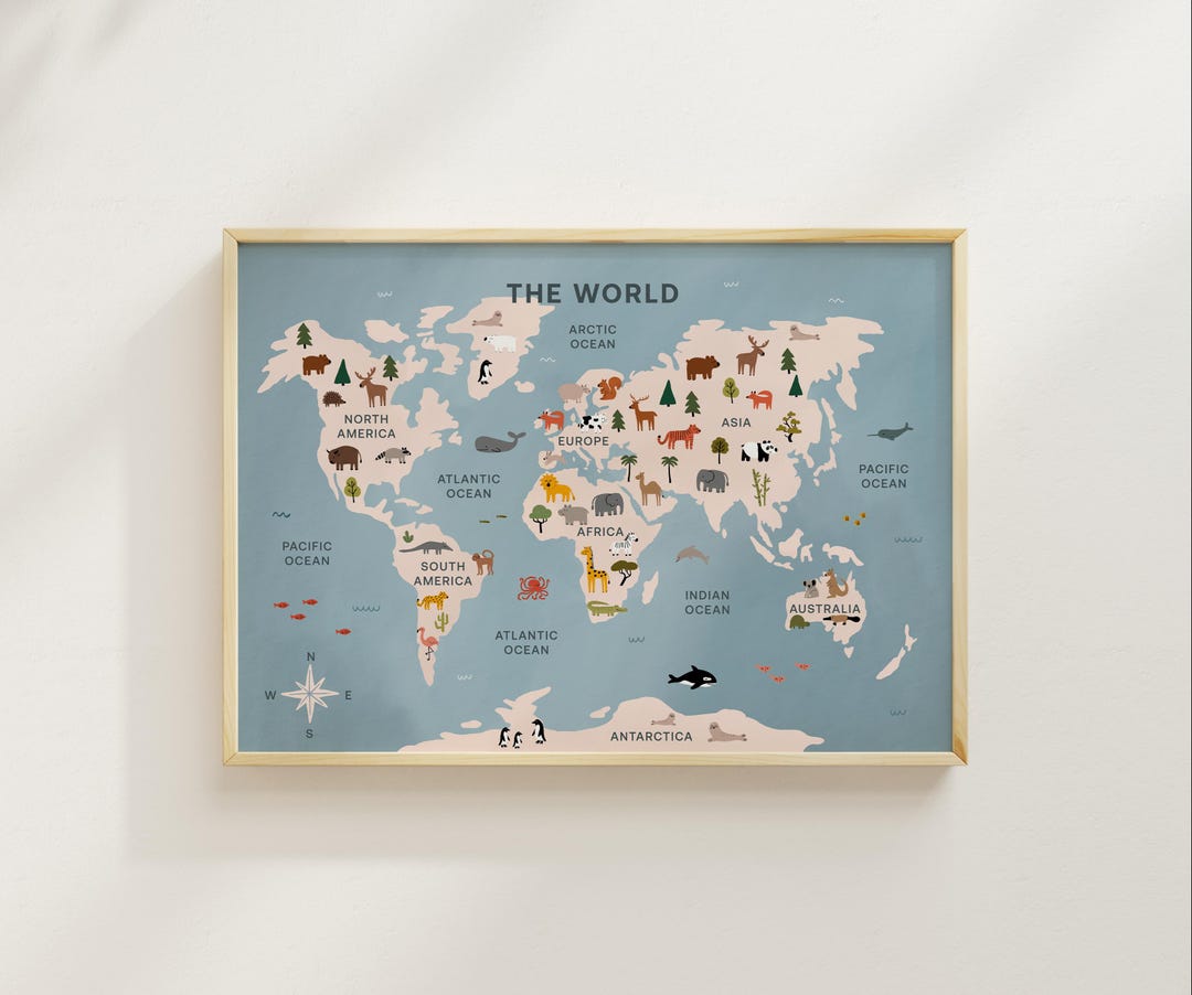World Map Animals Poster - Illustrated Continents & Wildlife ...