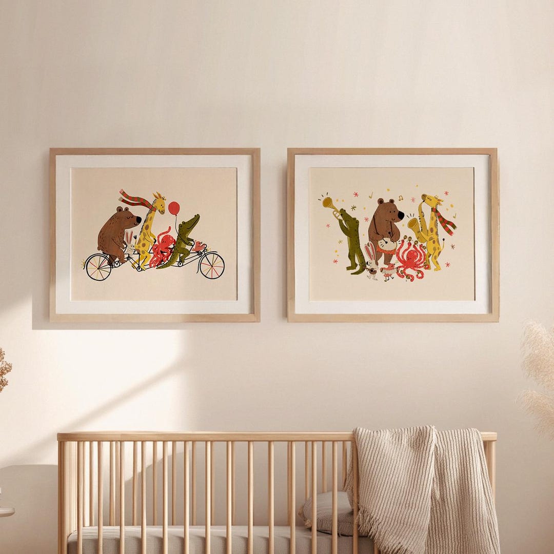 Set of 2 Animal Parade Nursery Art Prints: Music & Bike Theme - Etsy