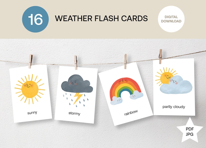 Weather Flash Cards - Hand-illustrated, Montessori Digital Download ...
