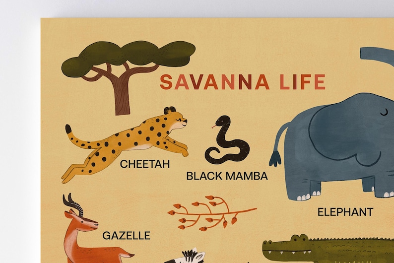 Savanna Animals Poster: Educational Safari Print, Kids Room Decor - Etsy