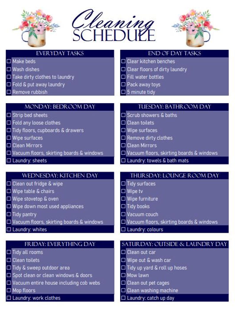 Weekly Cleaning Schedule Checklist: Multi - Etsy