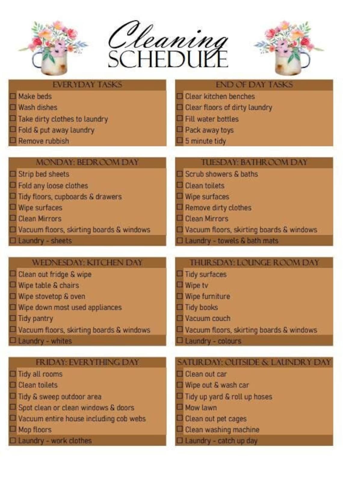 Weekly Cleaning Schedule Checklist: Brown - Etsy