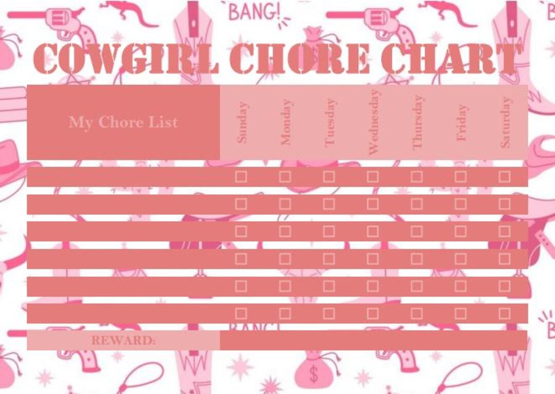 Cowgirl Chore Chart, Chore Chart for Cowgirls, Kids Chore Chart, Chore ...