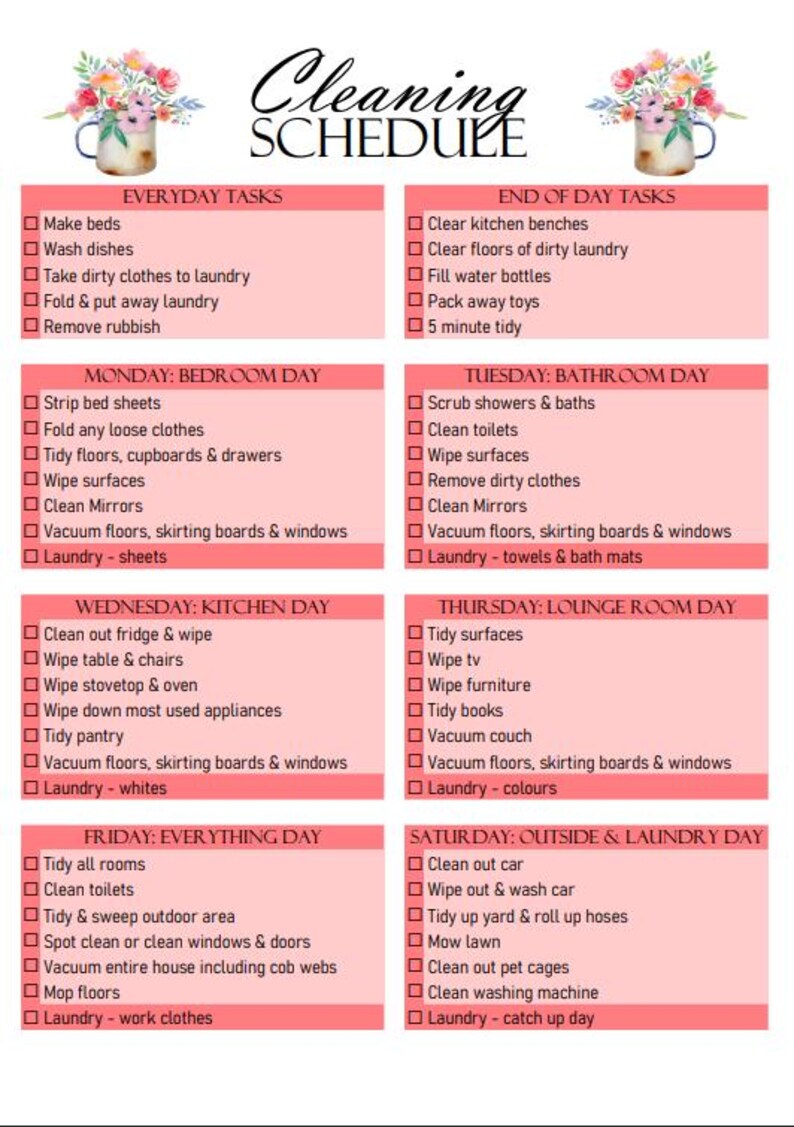 Weekly Cleaning Schedule Checklist: Orange - Etsy
