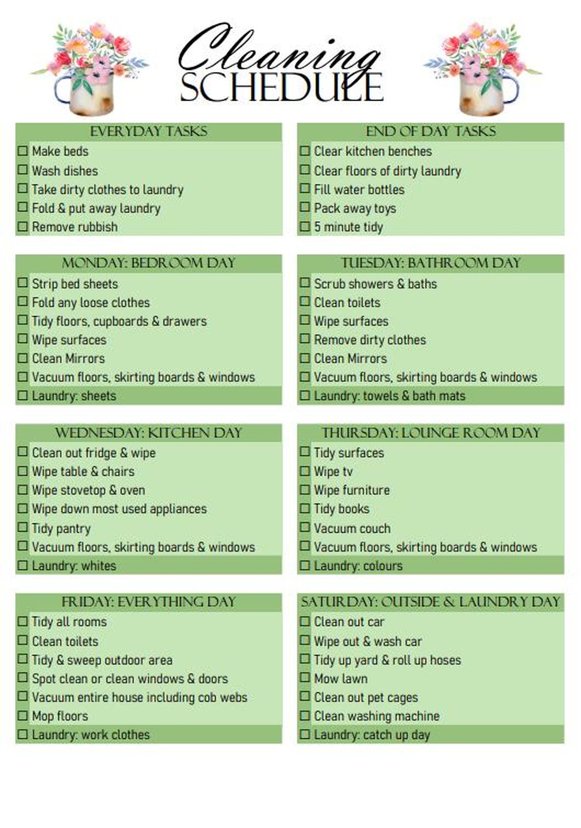 Weekly Cleaning Schedule Checklist: Brown - Etsy