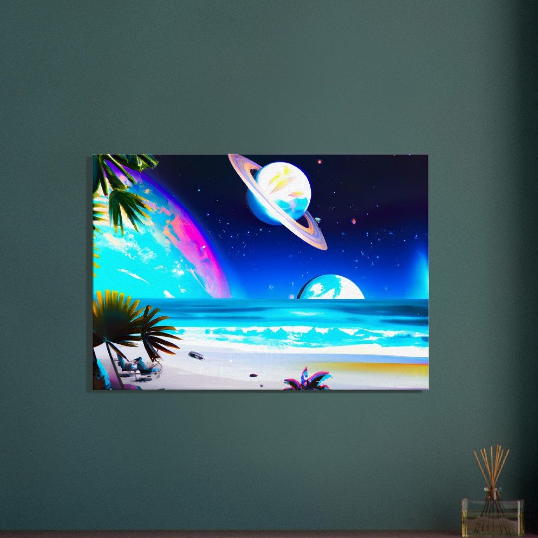 Saturn's Serenity: Futuristic Beach View Canvas Art - Etsy