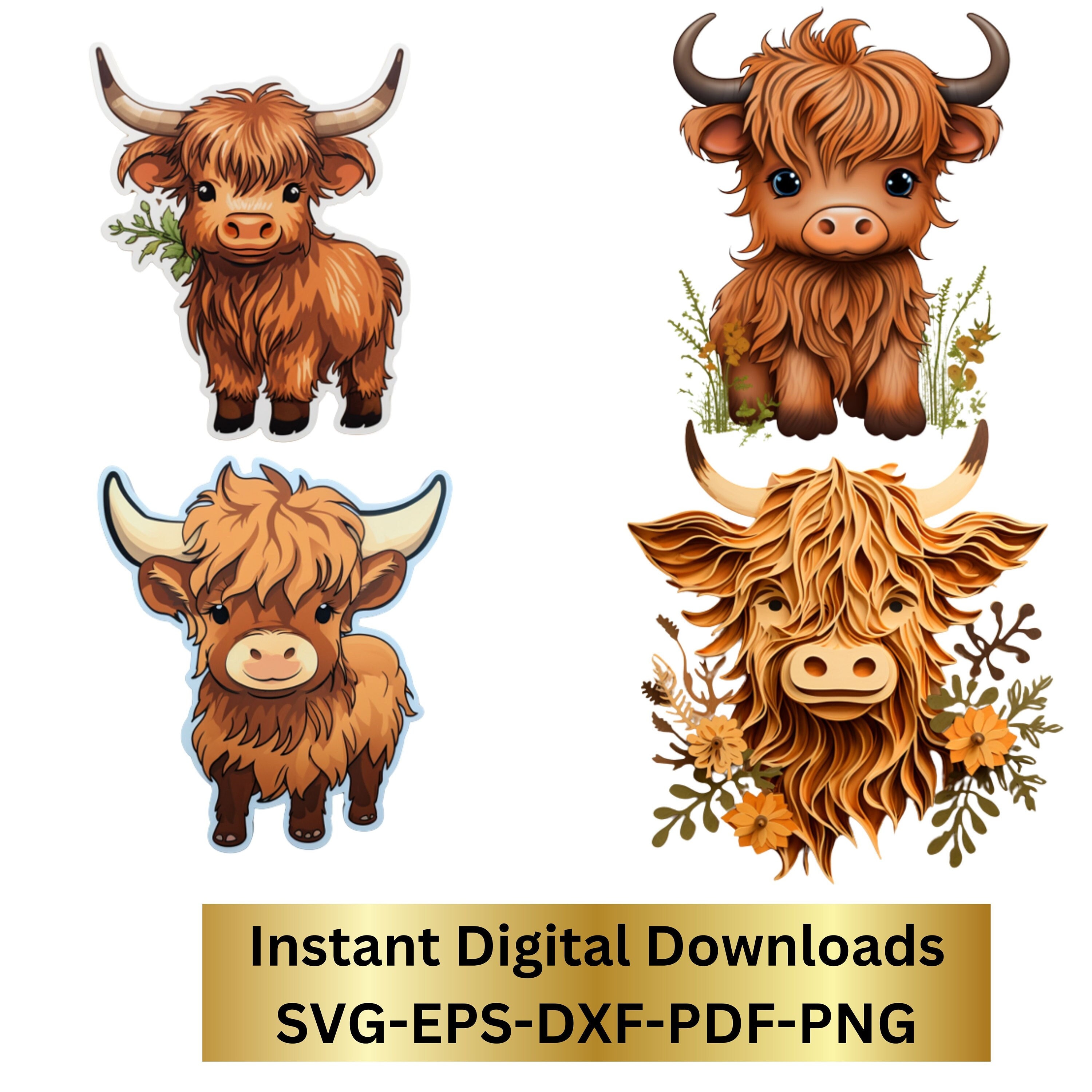 Highland Cow SVG Files for Cricut Set of 4 Adorable Cattle Graphics ...