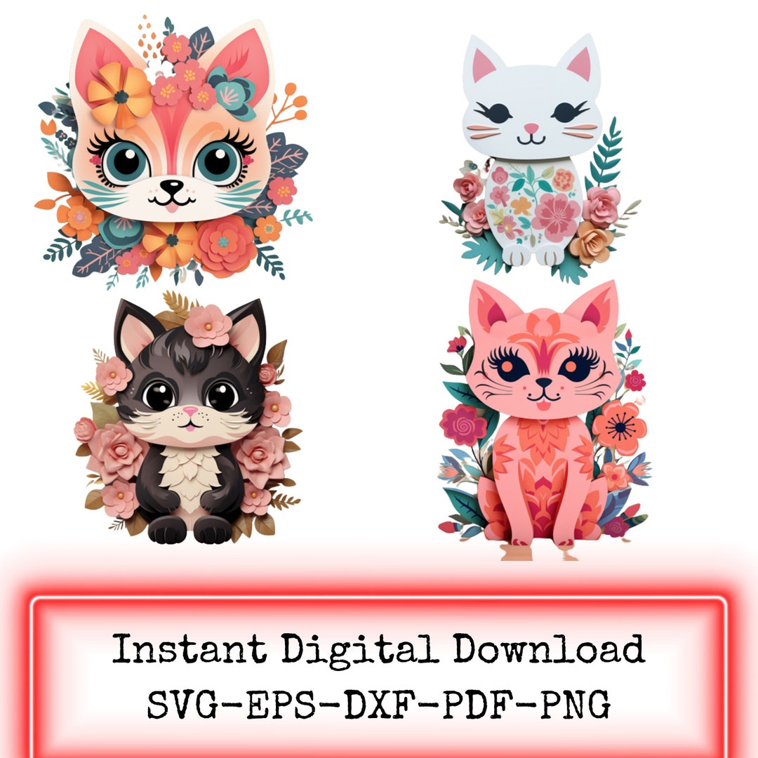 Cricut-ready Floral Cat SVG Bundle, 4 Cute Kitty Designs, Feline SVG ...
