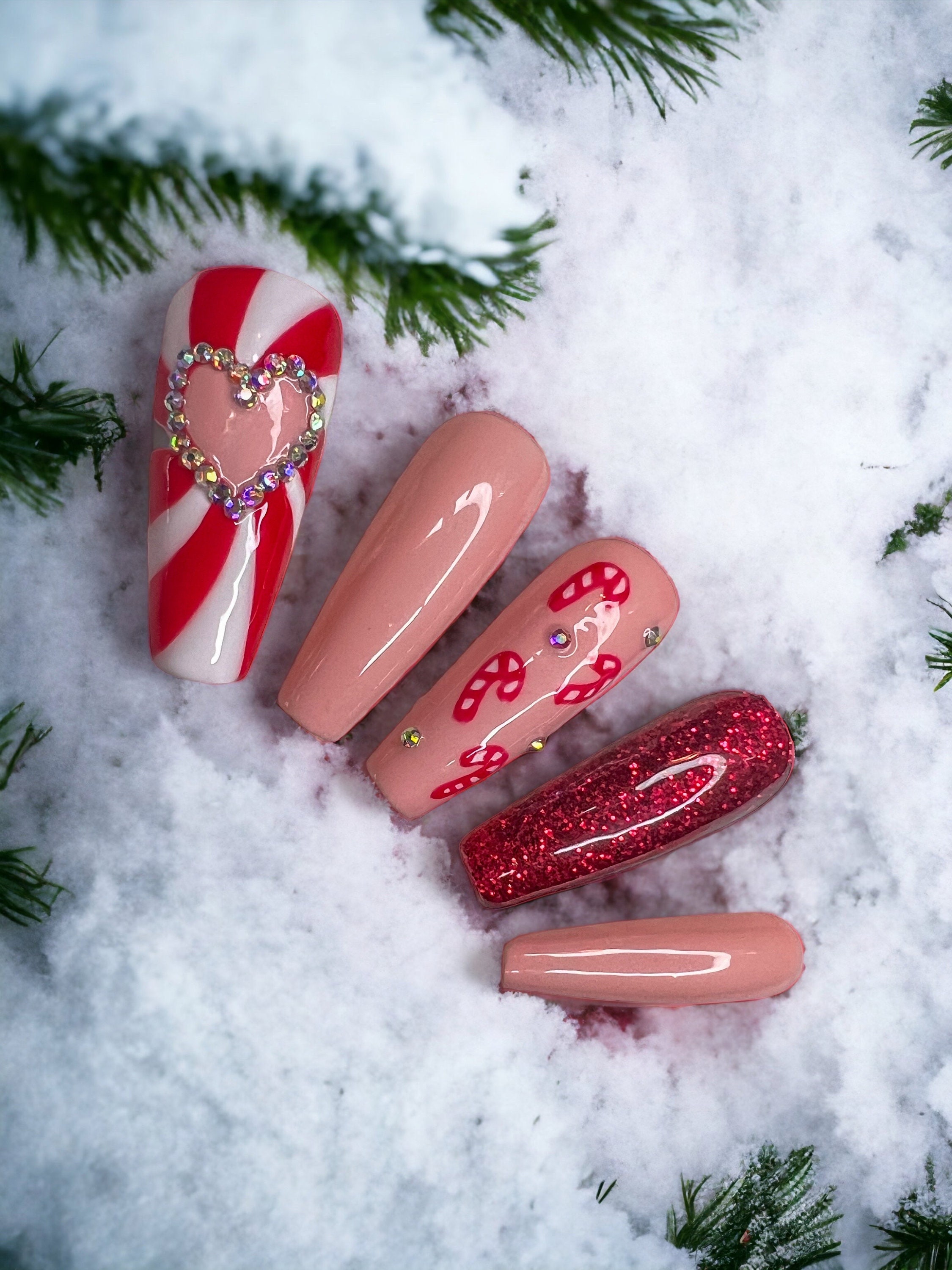 Candy Cane Peppermint Heart Press on Nails Holiday Press on - Etsy