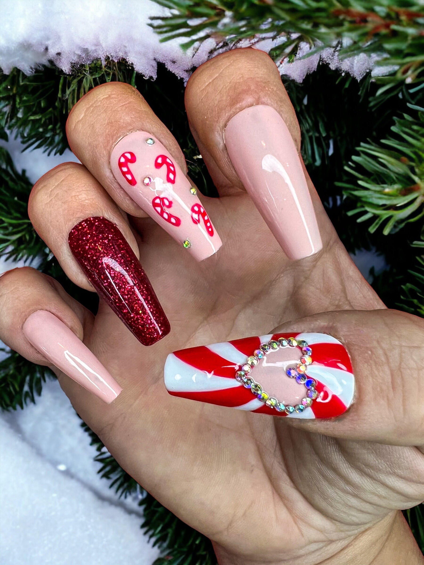 Candy Cane Peppermint Heart Press on Nails Holiday Press on - Etsy