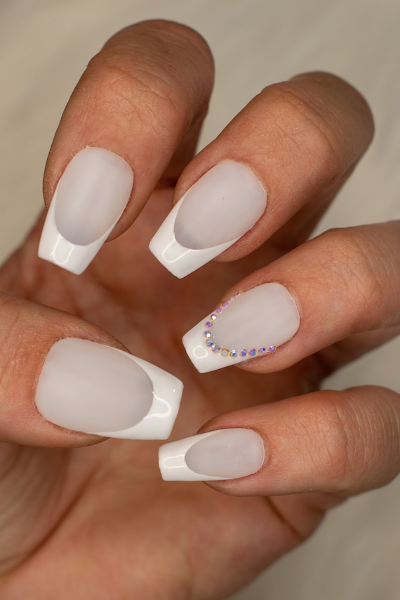 Milky White French Tip Coffin Press on Nails wedding Press on Nails bride Press on Nails fake Nails bridesmaid Nails Etsy