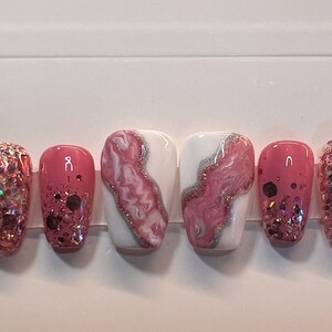 Pink and White Marble Geode Press on Nails,medium Coffin Press on Nails ...