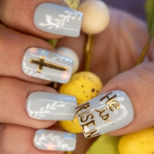 Gold Chrome Cross, He is Risen Press on Nails, Easter Spring Nails ...
