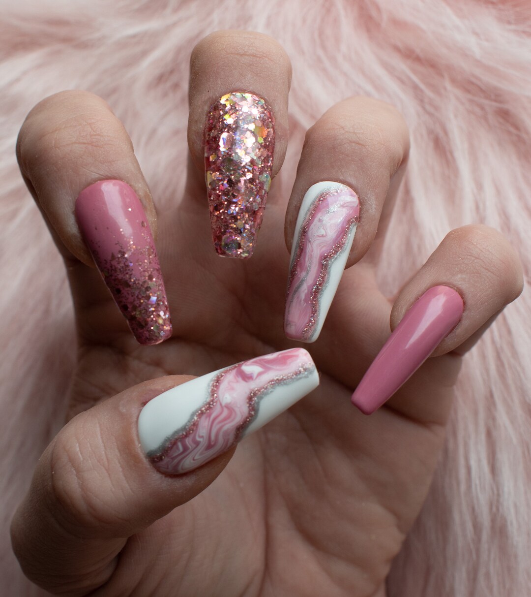 Pink and White Marble Geode Press on Nails,medium Coffin Press on Nails ...