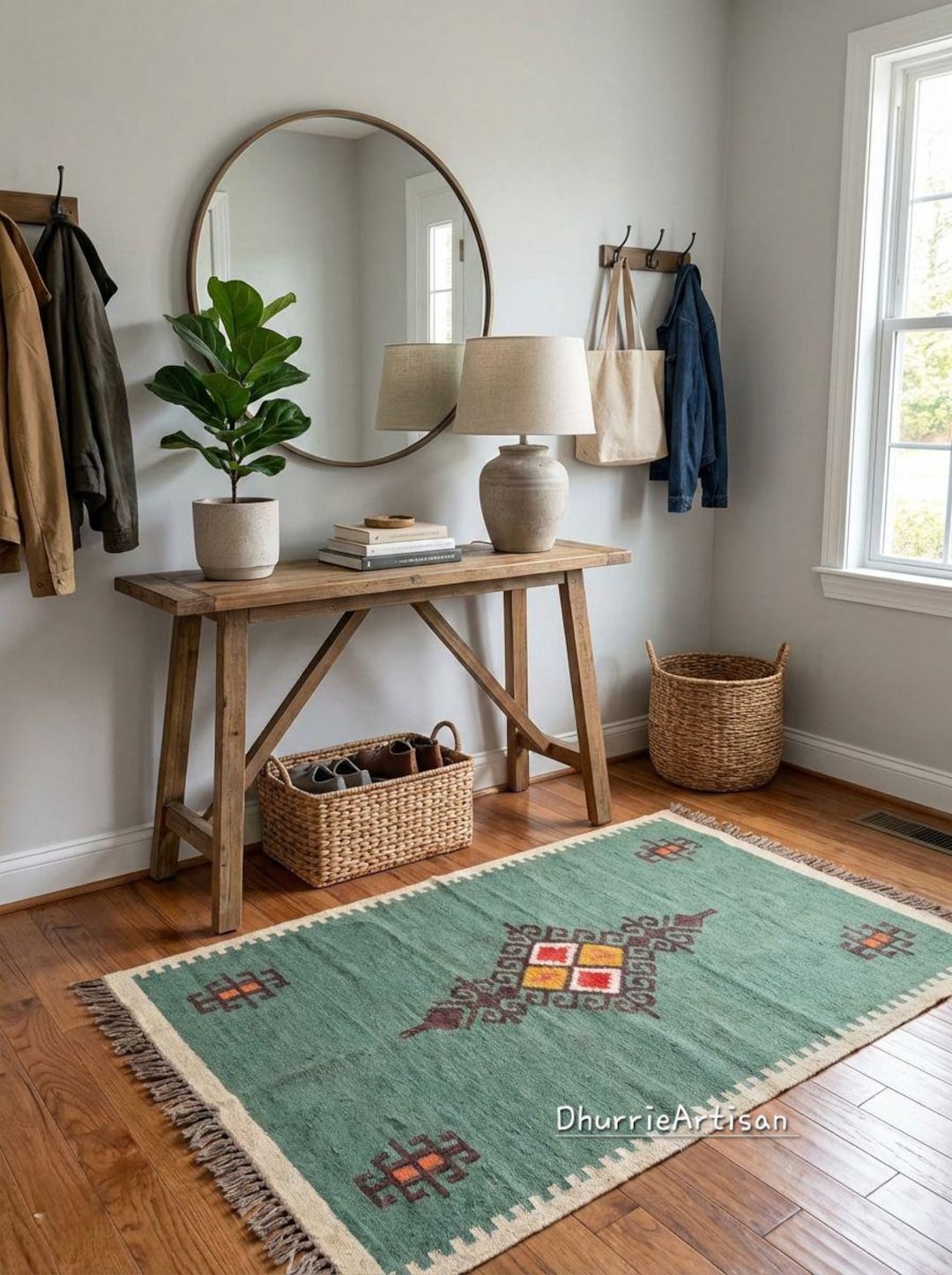 Handwoven Green Kilim Rug, Wool Jute Dhurrie Rug, Tribal Boho Area Rug ...