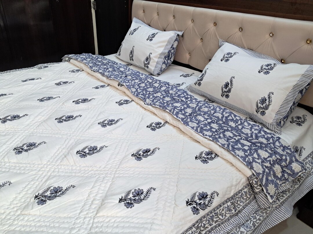 Aesthetic Blue Bedding Set, Hand Block Printed Quilt Set, Handmade ...