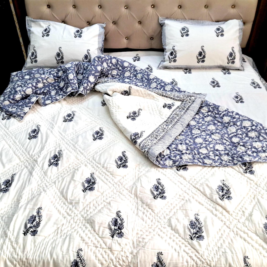 Hand Block Print Quilt Comforter Twin Queen King Size Blue White ...