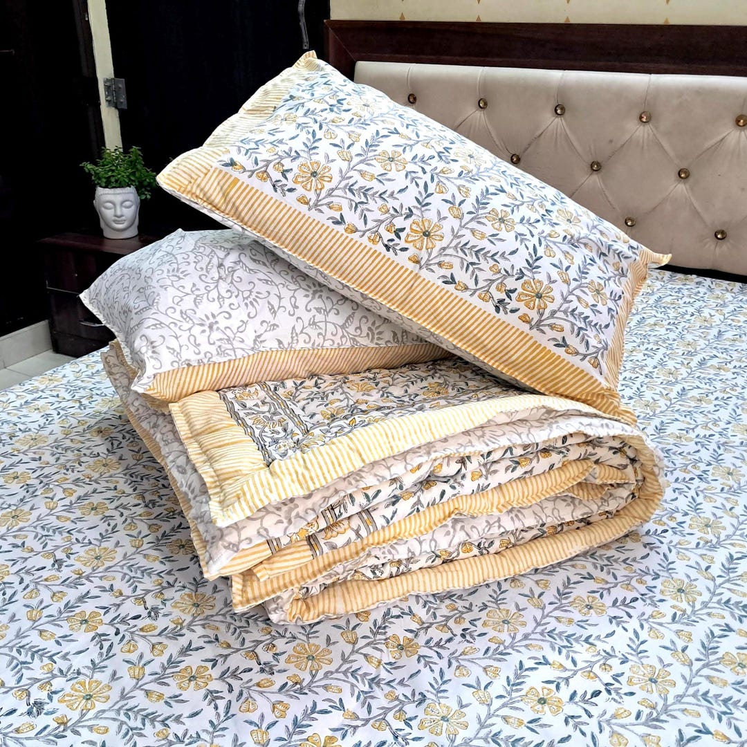 Indian Block Print Quilt Comforter Set, Light Yellow Floral Bedding ...