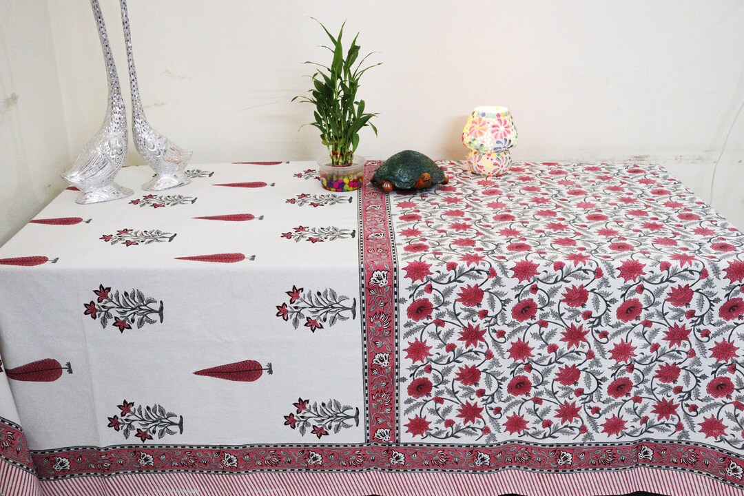 100% Cotton Table Cloth, Block Print Tablecloth Pink and White Floral ...