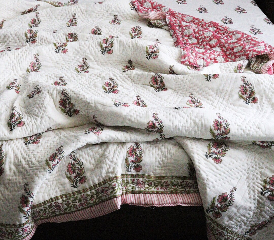 Jaipuri Razai Block Print Pink Floral Quilt, Indian Quilted Blanket ...