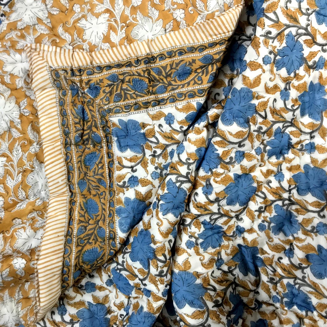 Blue Floral Baby Quilt Block Print Baby Blanket Newborn Baby Gift ...