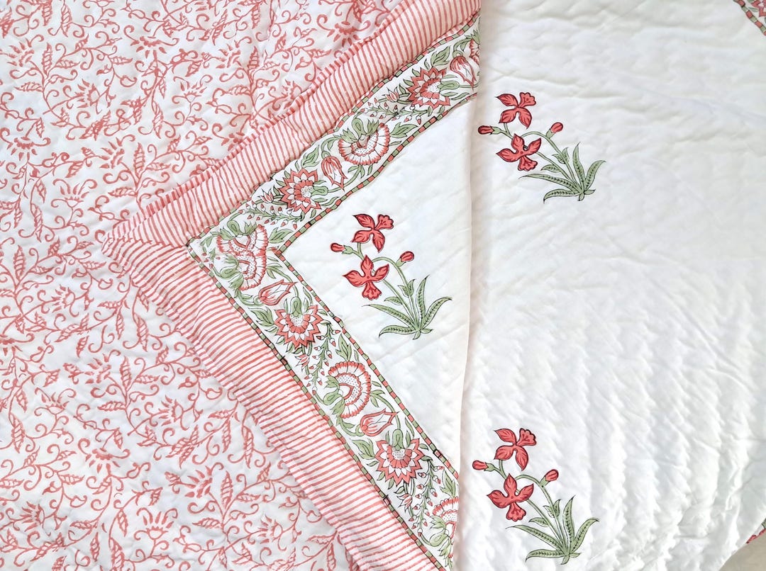 Reversible Coral Pink Throw Blanket, Block Print Floral Quilt for Bed ...