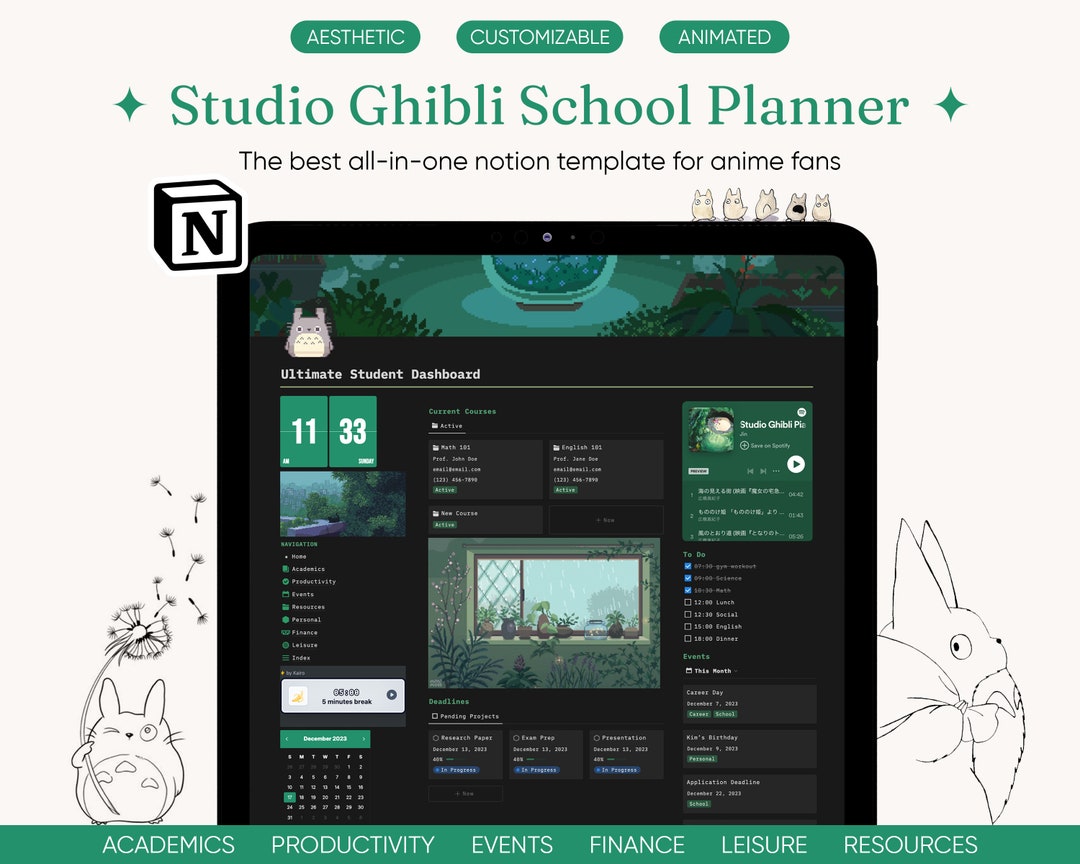 Studio Ghibli Notion Template, Ultimate Notion School Planner Dashboard, Personal Student ...
