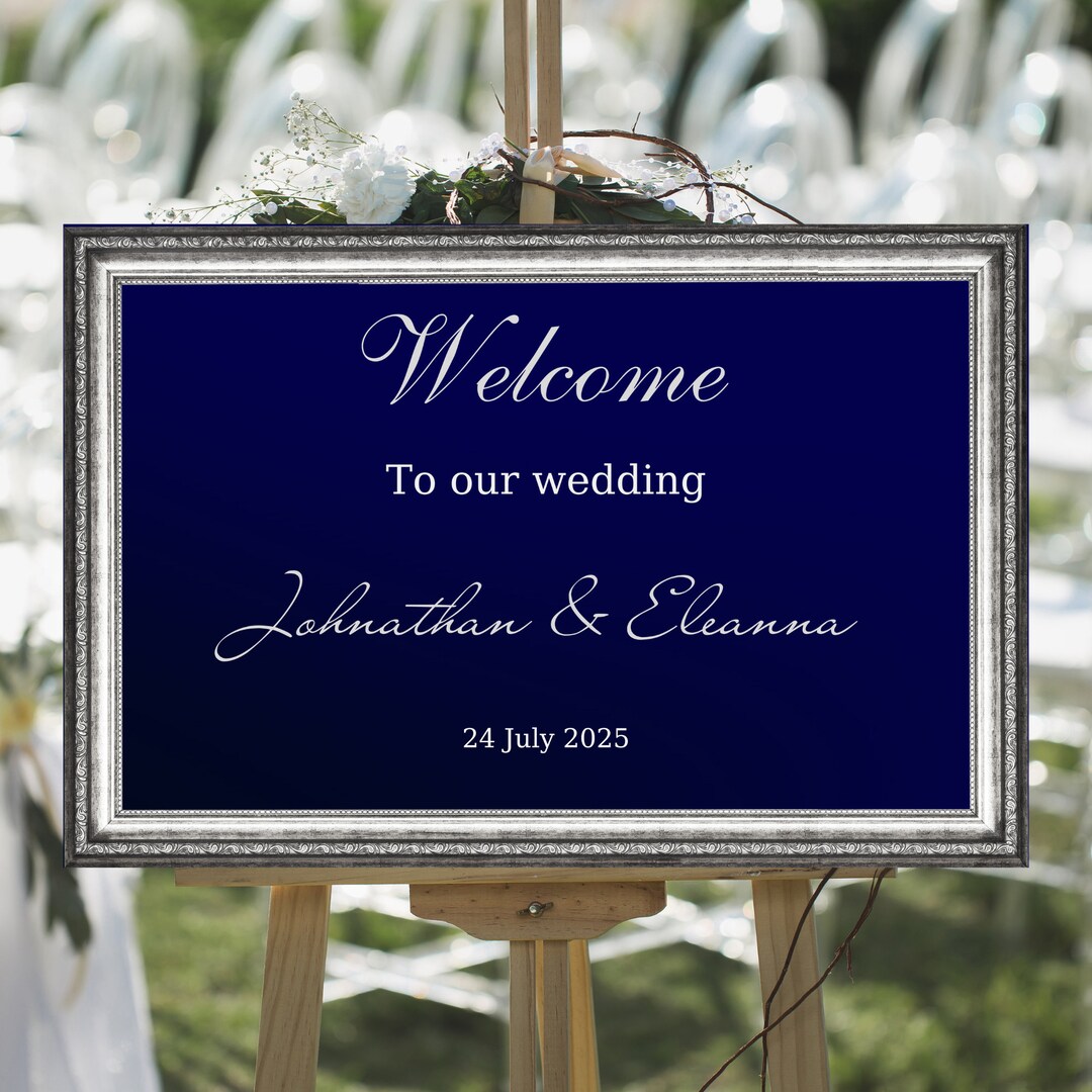 Blue Royal Wedding Welcome Sign With Silver Frameelegant - Etsy