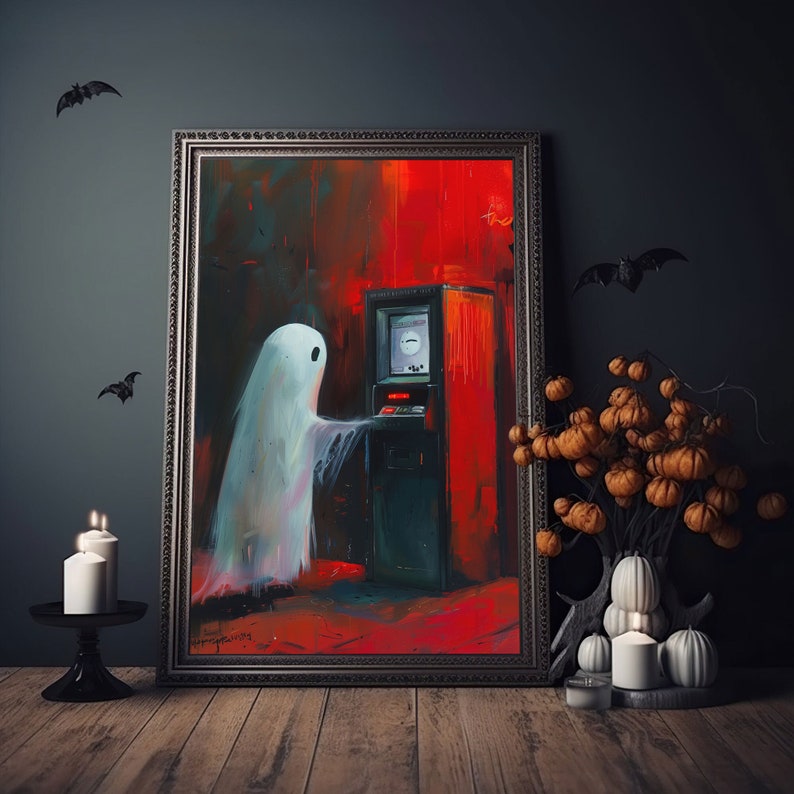 Ghost Using ATM Machine Poster Print, Halloween Poster, Poster for ...