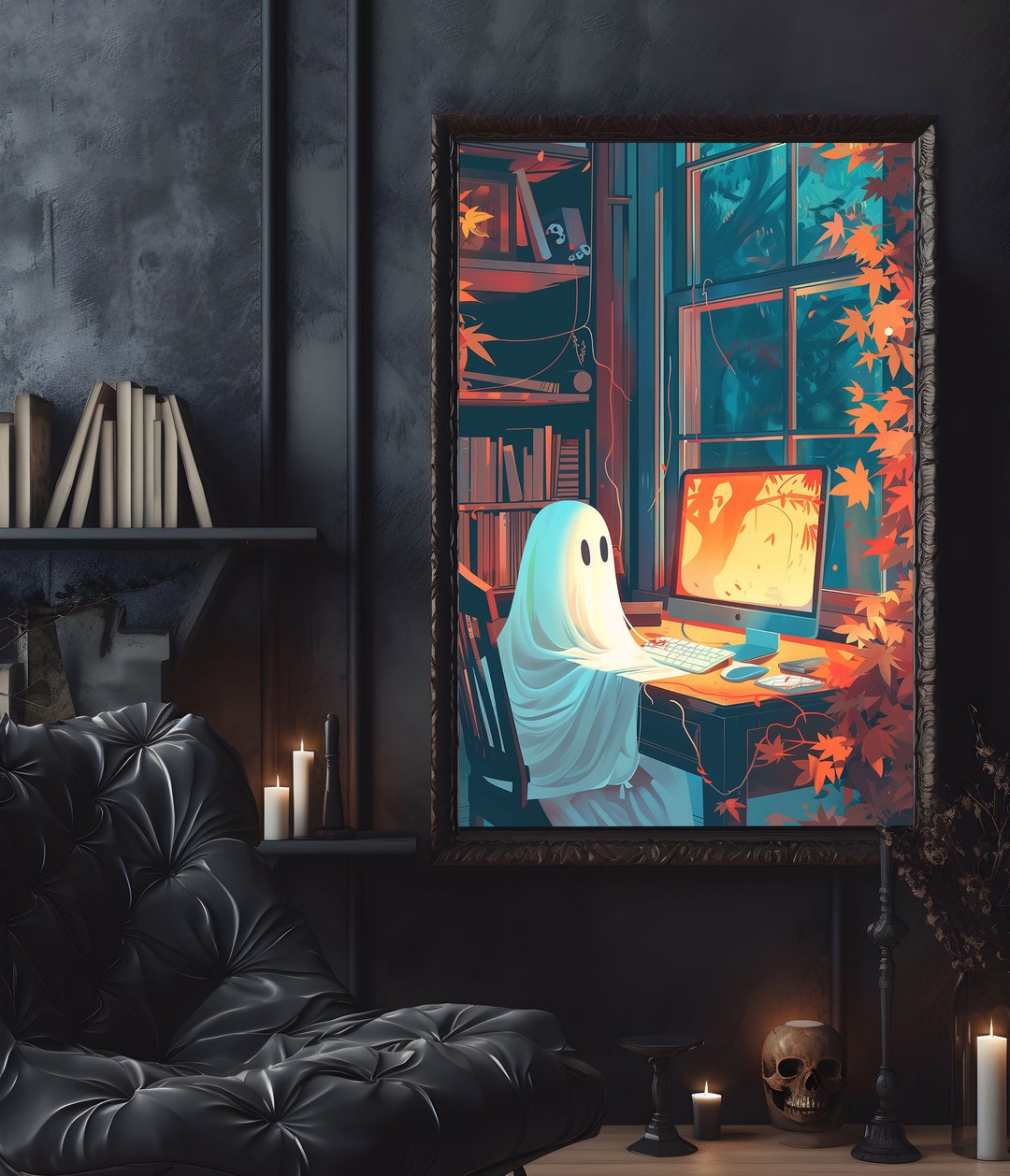 Cute Ghost Working on Computer in Autumn Canvas Print, Halloween Canvas ...