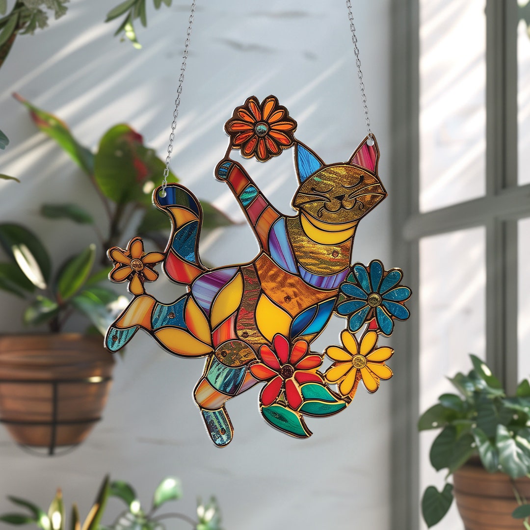 Cat and Flower Acrylic Window Hanging, Cat Home Decor, Cute Cat Kitchen ...