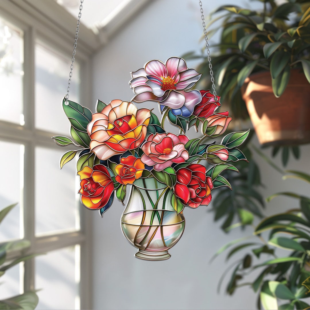 Pot Roses Flower Acrylic Window Hanging, Roses Home Decor, Rose Flower ...