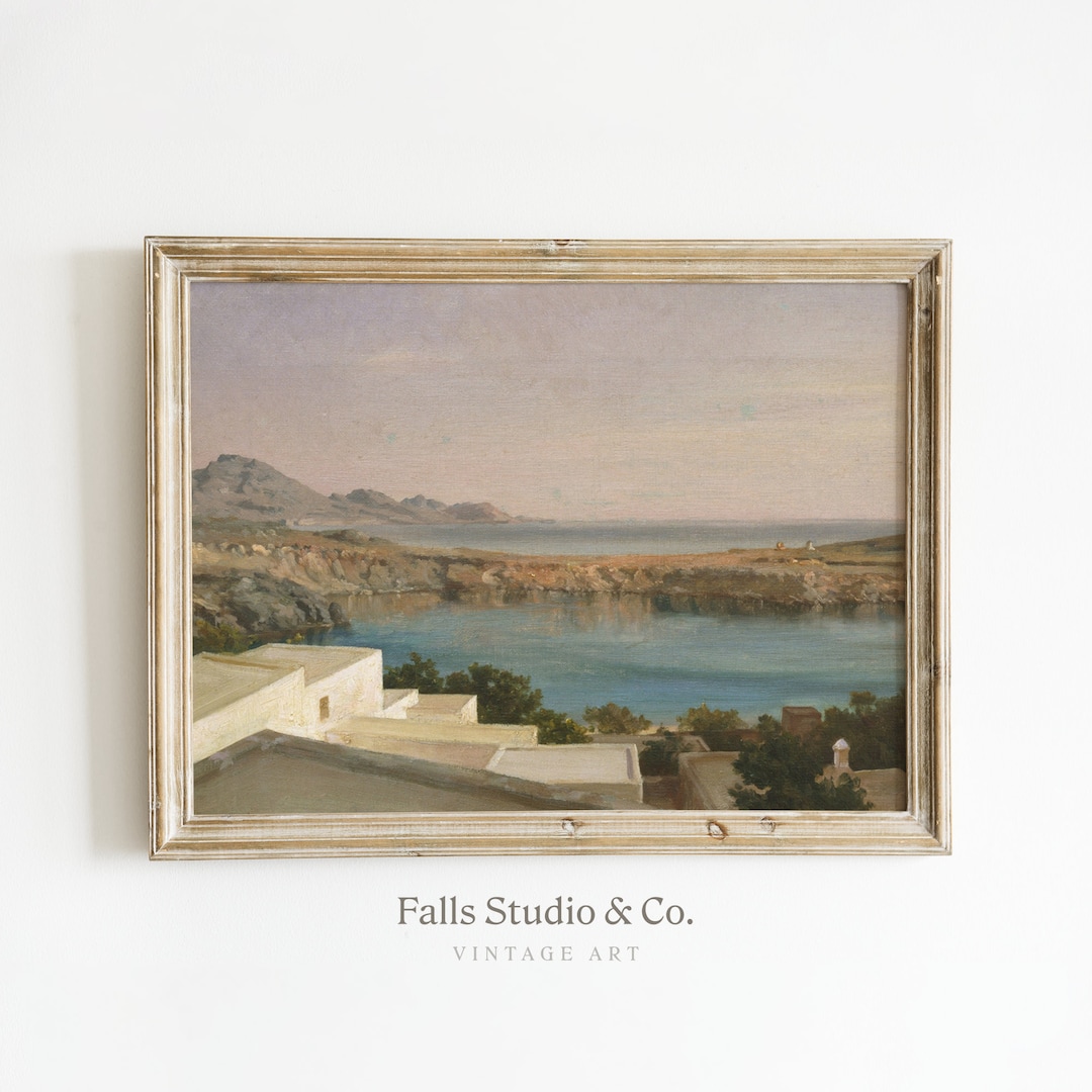 Rustic Antique Greek Seascape Painting — Vintage Wall Art — Digital ...
