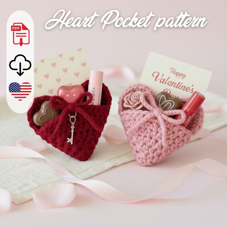 Crochet Heart Pocket Pattern – Valentine's Day Treat Pouch (PDF Pattern ...