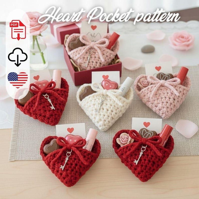 Crochet Heart Pocket Pattern – Valentine's Day Treat Pouch (PDF Pattern ...