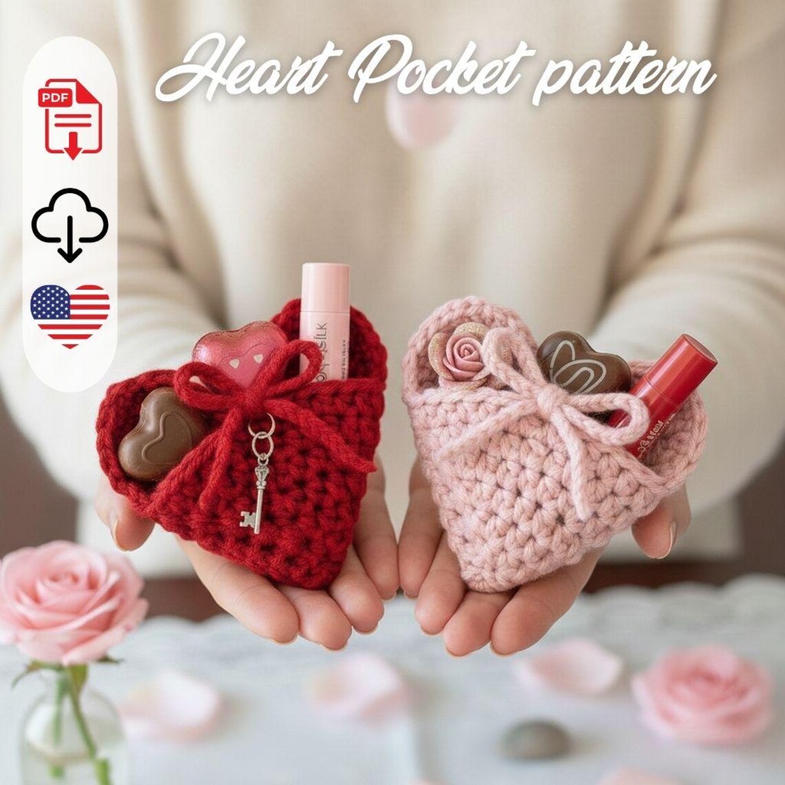 Crochet Heart Pocket Pattern – Valentine's Day Treat Pouch (PDF Pattern ...