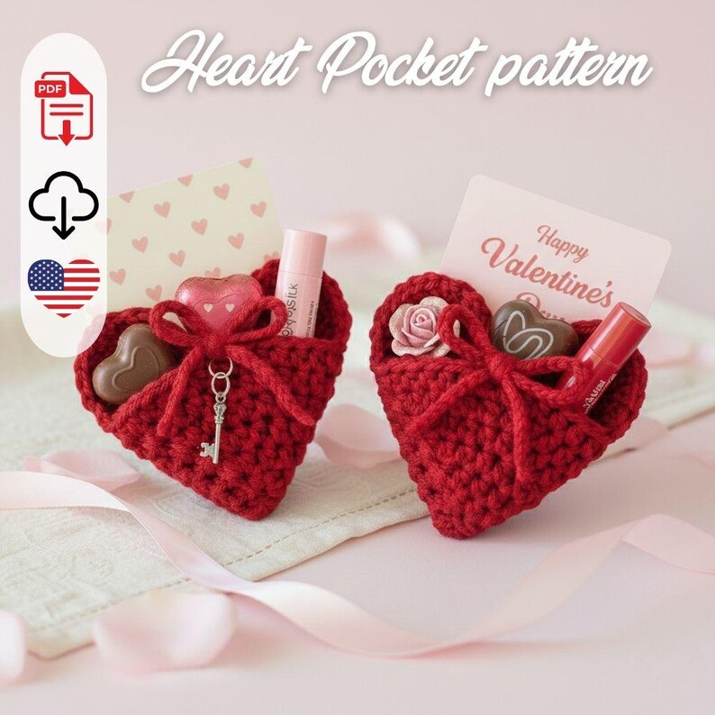 Crochet Heart Pocket Pattern – Valentine's Day Treat Pouch (PDF Pattern ...