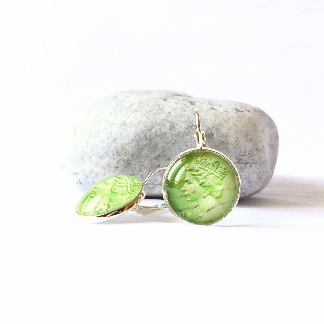 Queen Elizabeth II Postage Stamp Earrings in 10 Colors, OOAK Handmade ...