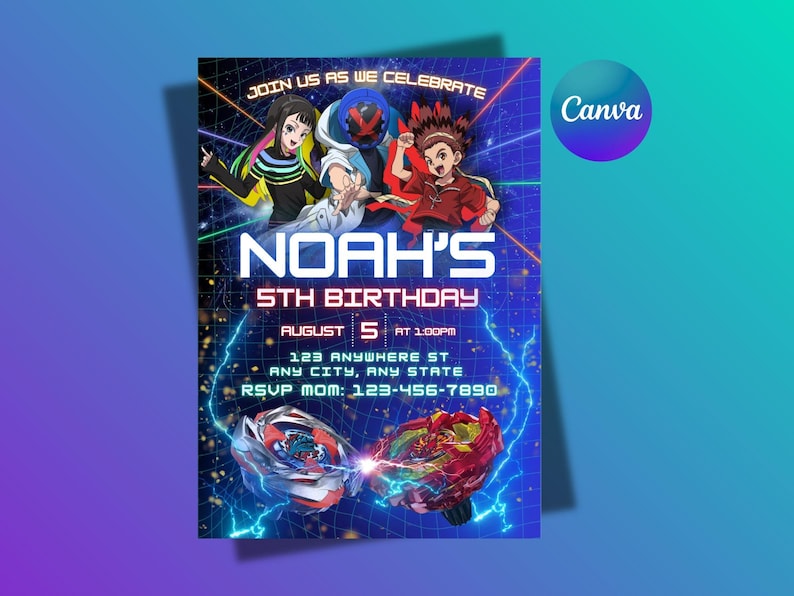 Beyblade X Birthday Invitation, Boys Party, Anime Theme, Editable Canva ...