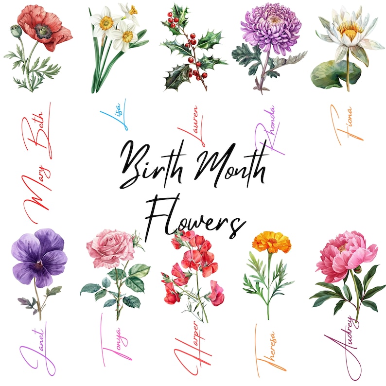 Birth Month Flowers Clipart: Watercolor Floral PNG Collection (digital ...