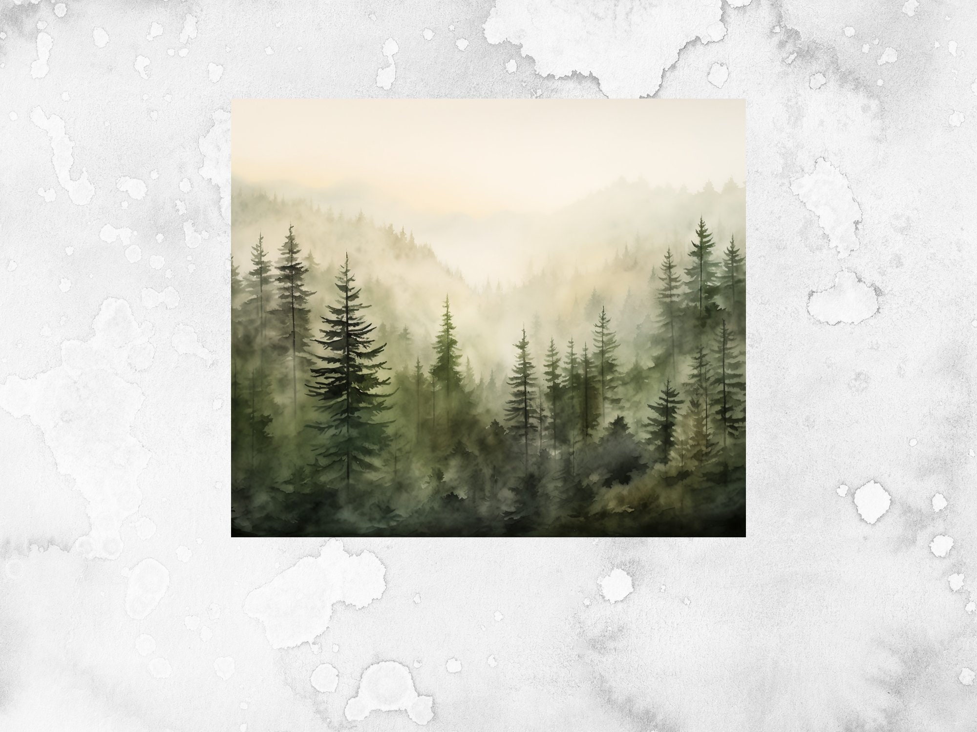 Misty Forest Landscape Digital Print, Watercolor Pine Trees Background ...