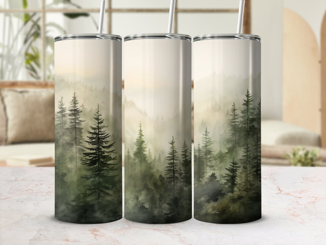 Misty Forest Landscape Digital Print, Watercolor Pine Trees Background ...