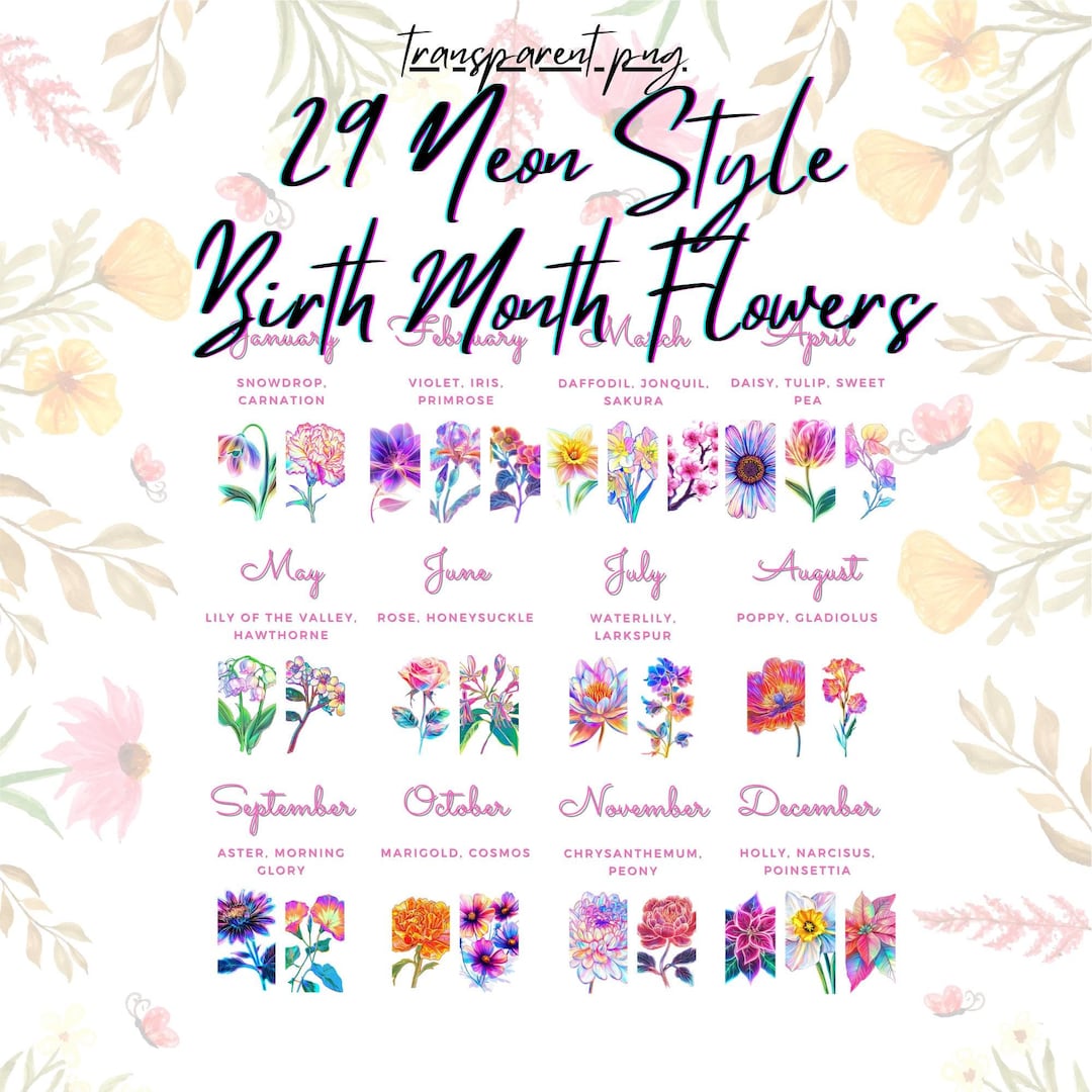 29+ Neon Style Birth Month Flowers Clipart, Birth Flower PNG, Birthday ...