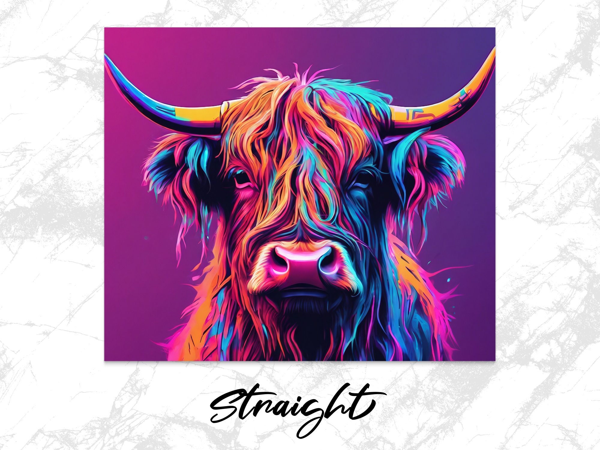 Vibrant Neon Highland Cow Art, Colorful Farm Animal Digital Print, PNG ...