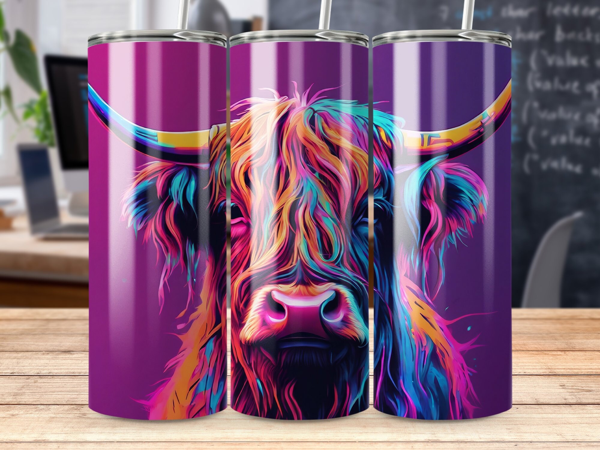 Vibrant Neon Highland Cow Art, Colorful Farm Animal Digital Print, PNG ...
