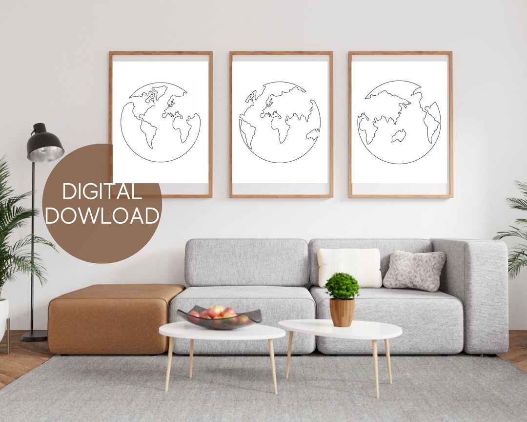 World Map Line Art Poster, World Globe Line Art, Home Decor, Minimalist ...