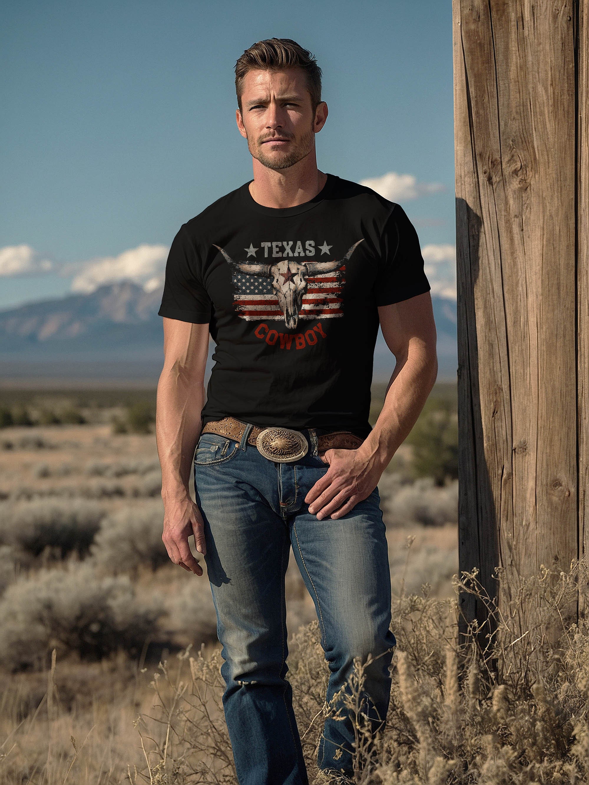 Texas Cowboy Longhorn T-shirt Unisex Bull Skull US Flag Wild West ...