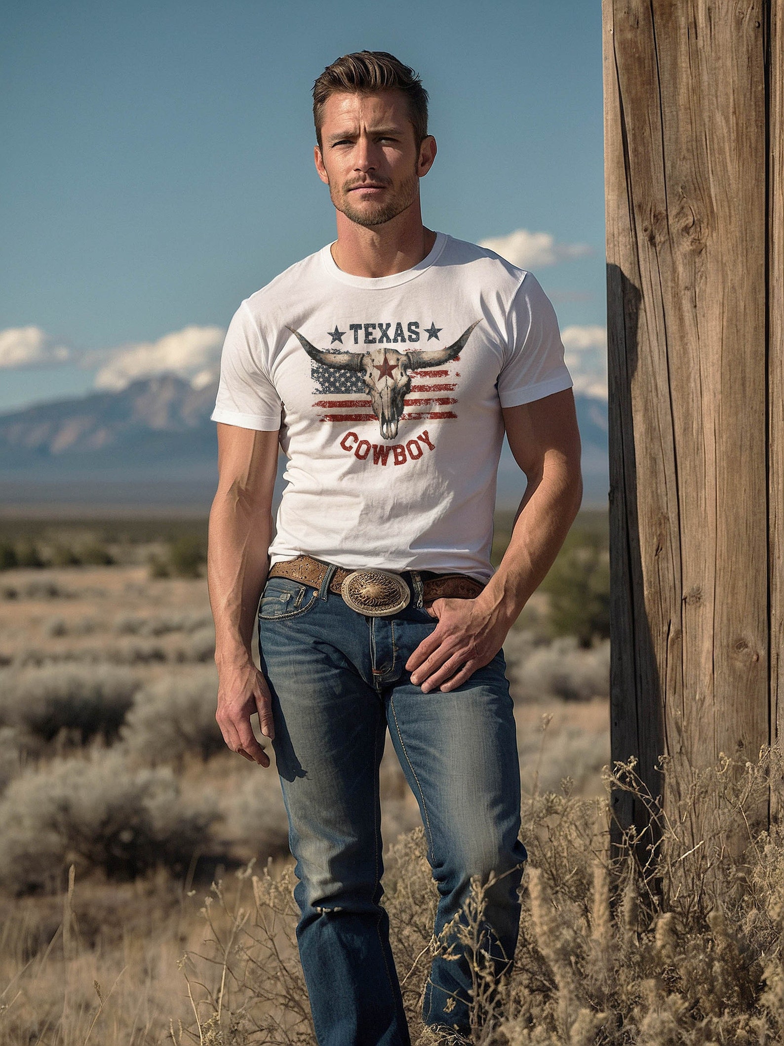 Texas Cowboy Longhorn T-shirt Unisex Bull Skull US Flag Wild West ...